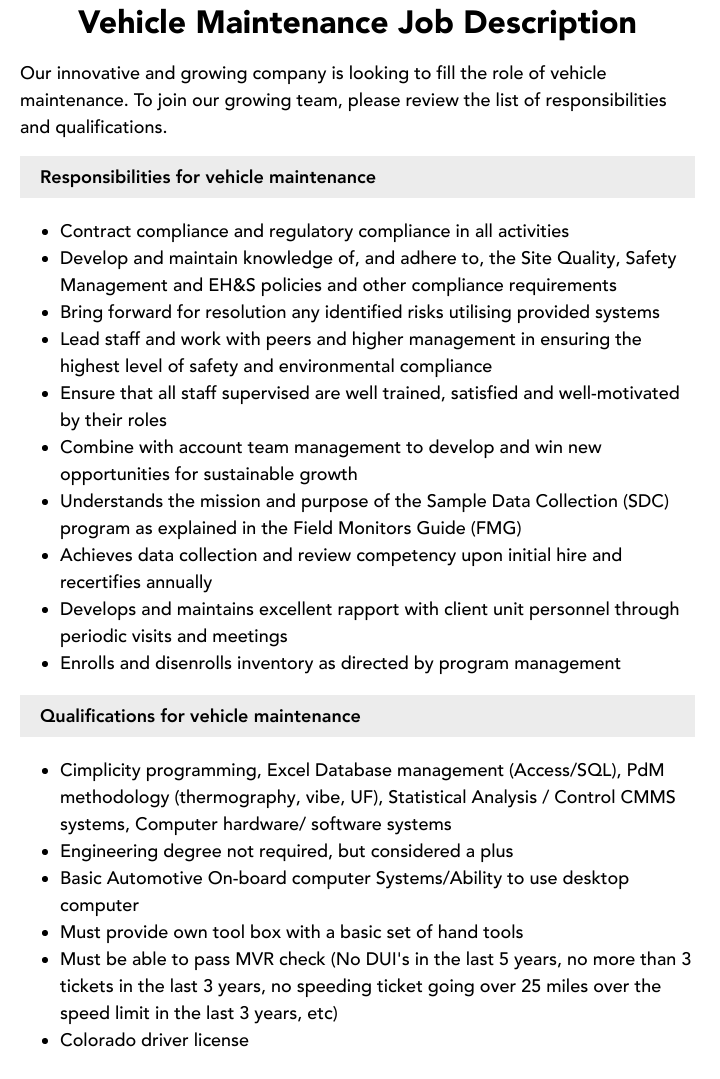 Vehicle Maintenance Job Description Velvet Jobs