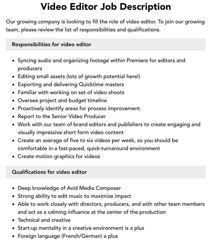 Video Editor Job Description Velvet Jobs