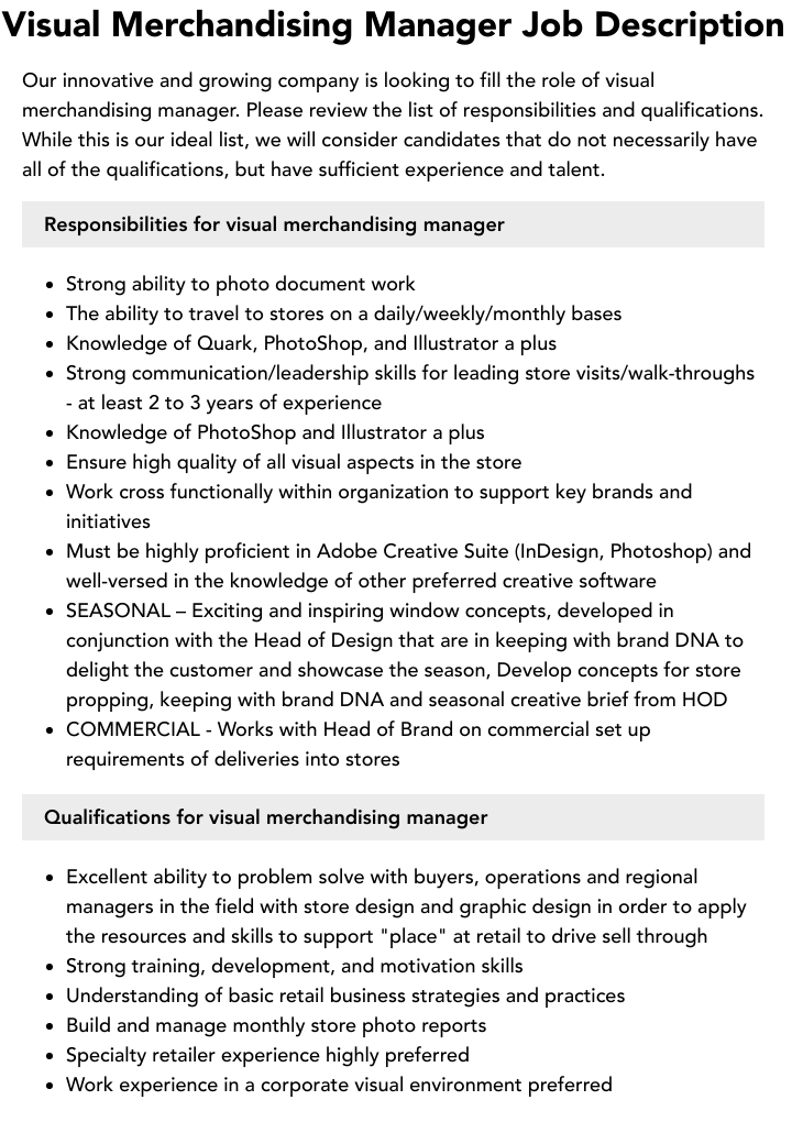 Visual Merchandising Manager Job Description Velvet Jobs Visual Merchandising Manager Job Description Velvet Jobs