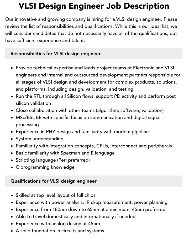 VLSI Design Engineer Job Description Velvet Jobs