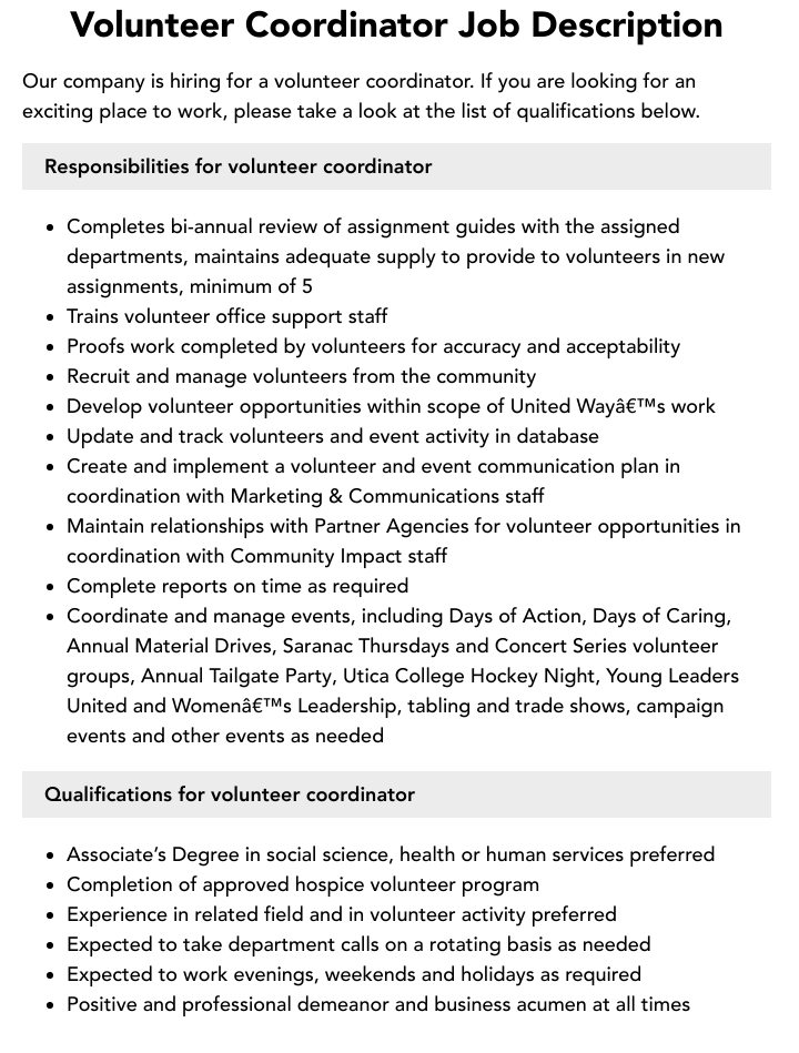 Volunteer Coordinator Job Description Velvet Jobs