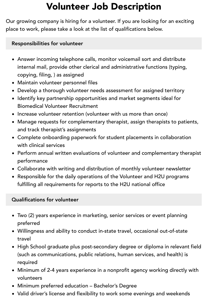 Volunteer Job Description Velvet Jobs