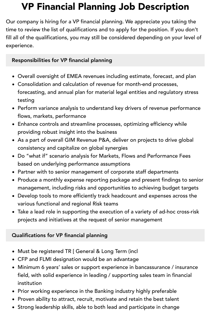 VP Financial Planning Job Description Velvet Jobs VP Financial Planning Job Description Velvet Jobs