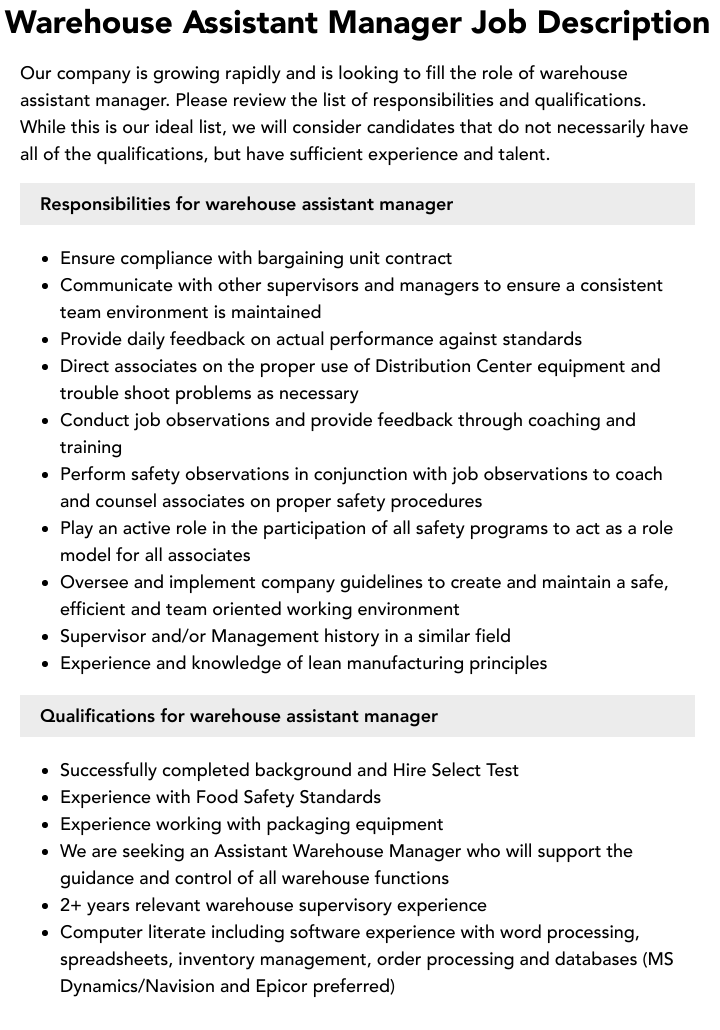 Warehouse Assistant Manager Job Description Velvet Jobs