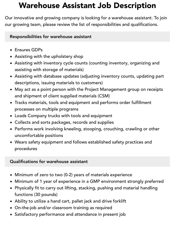 Warehouse Assistant Job Description Velvet Jobs