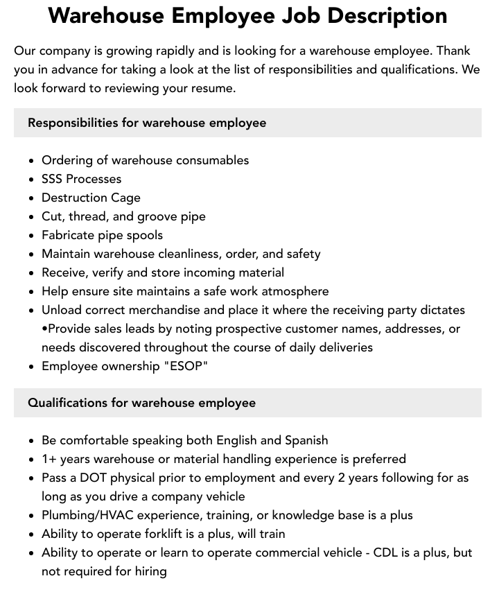 Warehouse Employee Job Description Velvet Jobs