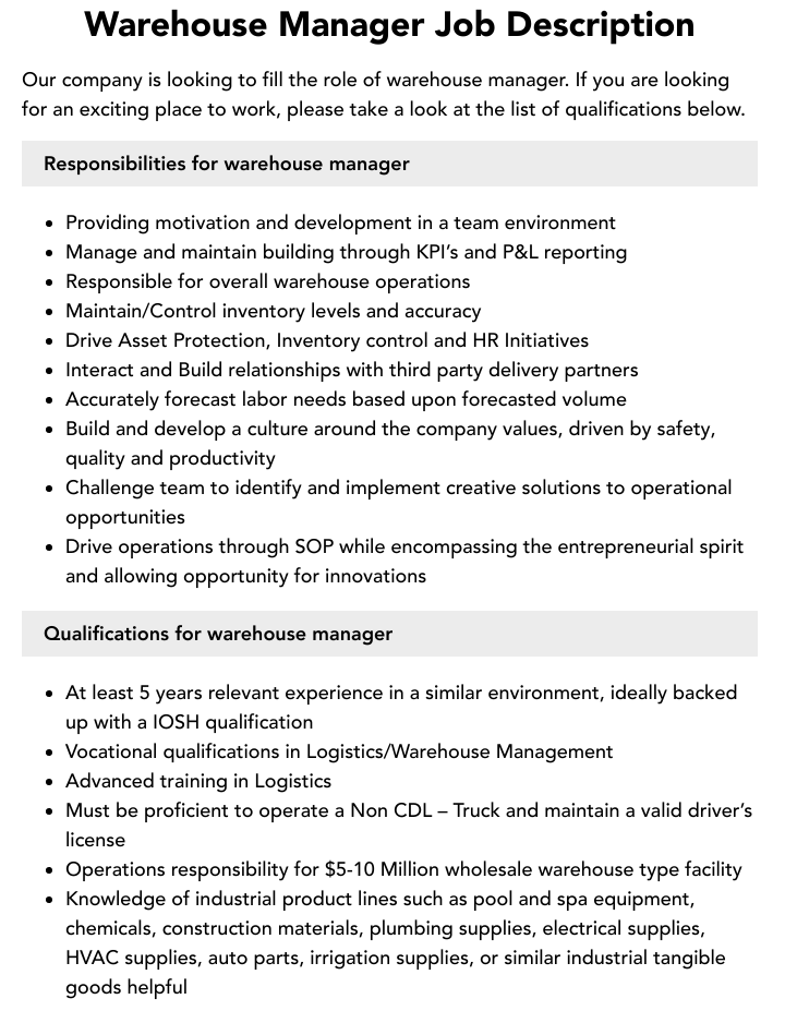 Warehouse Manager Job Description Velvet Jobs