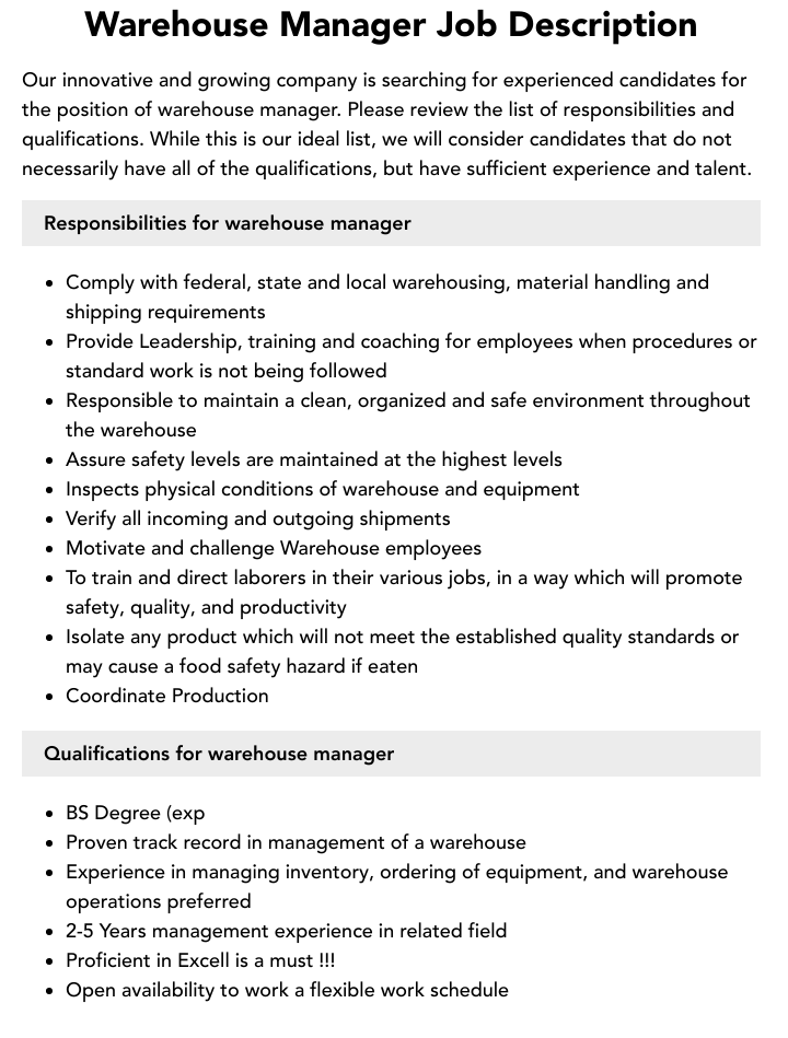 Warehouse Manager Job Description Velvet Jobs