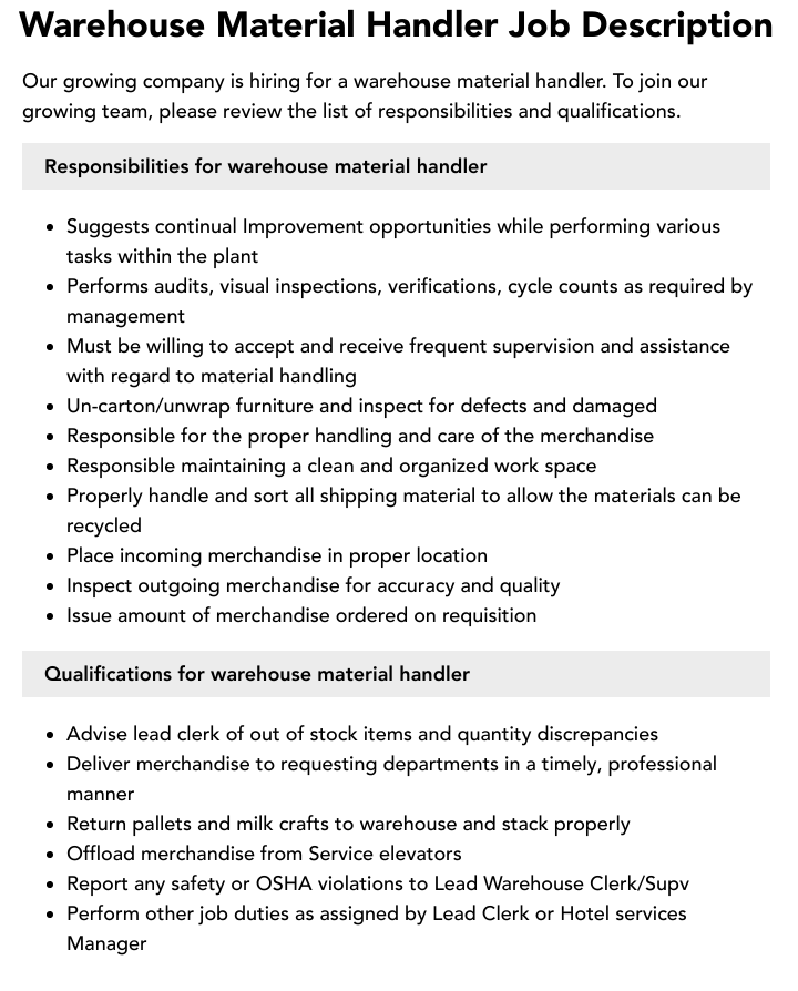 Warehouse Material Handler Job Description Velvet Jobs