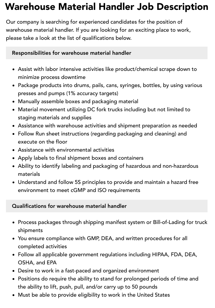 Warehouse Material Handler Job Description Velvet Jobs