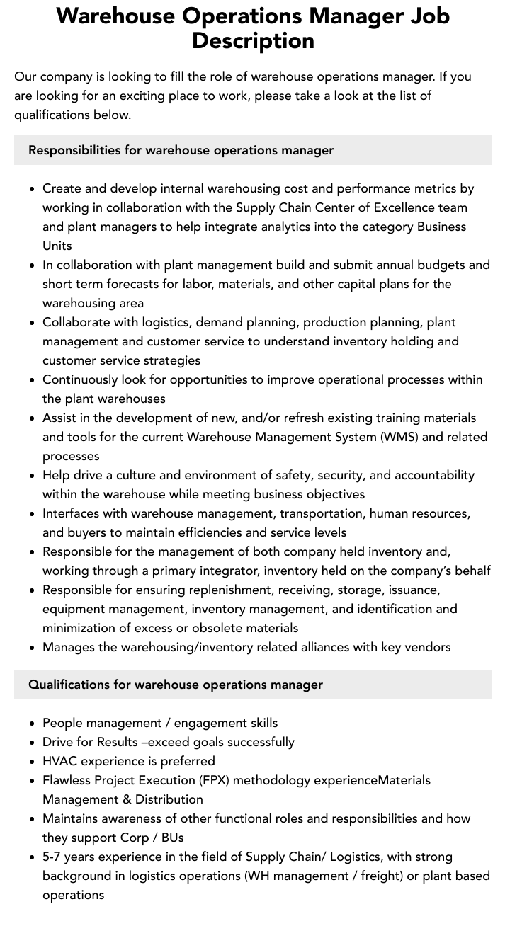 Warehouse Operations Manager Job Description Velvet Jobs
