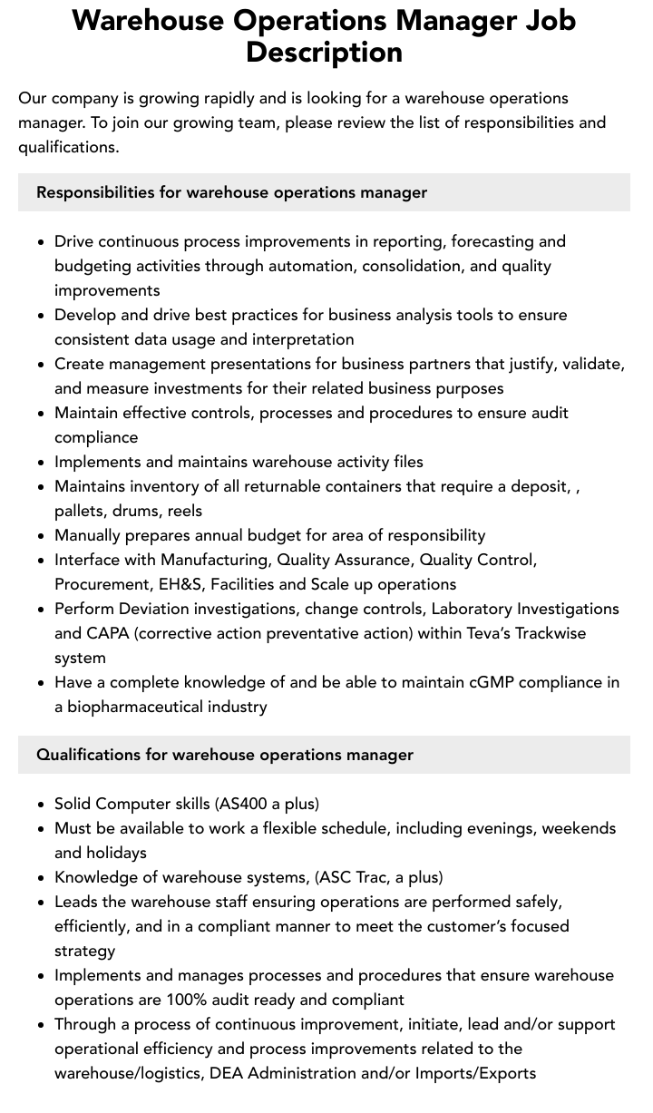 Warehouse Operations Manager Job Description Velvet Jobs