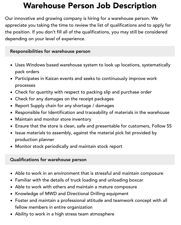 Warehouse Person Job Description Velvet Jobs