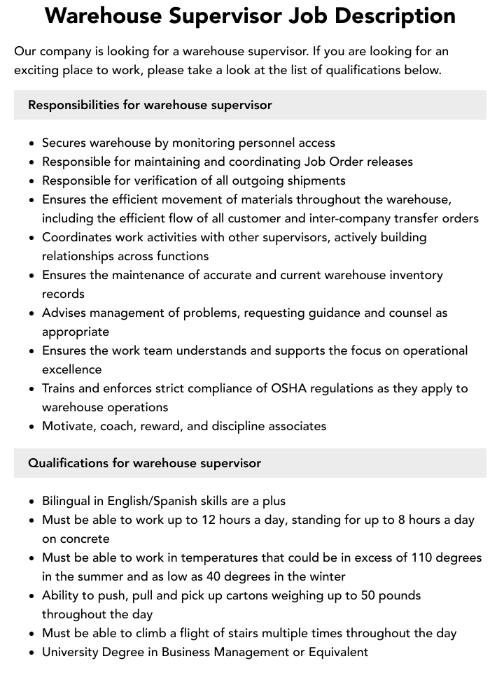 What Are The Roles And Responsibilities Of A Warehouse Supervisor