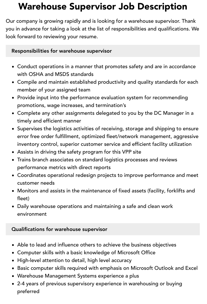 Warehouse Supervisor Job Description Velvet Jobs