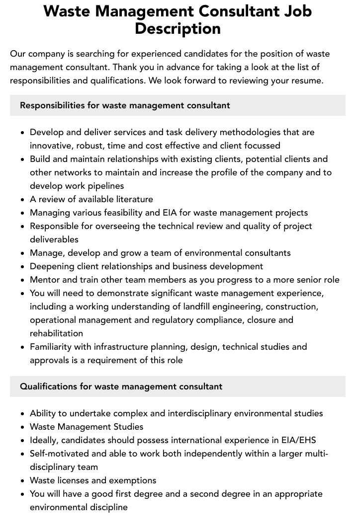 Waste Management Consultant Job Description Velvet Jobs
