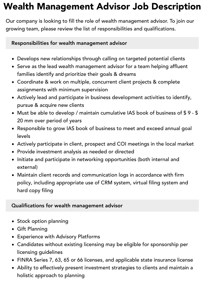 Wealth Management Advisor Job Description Velvet Jobs Wealth Management Advisor Job Description Velvet Jobs