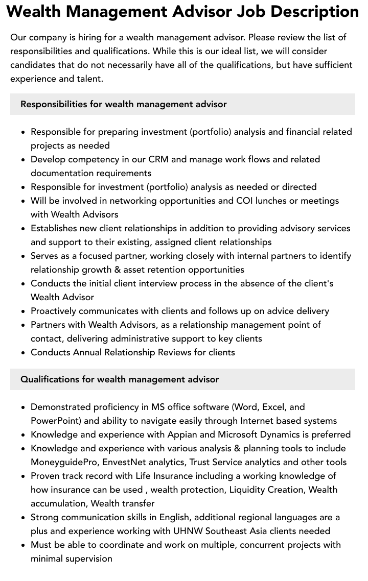 Wealth Management Advisor Job Description Velvet Jobs Wealth Management Advisor Job Description Velvet Jobs