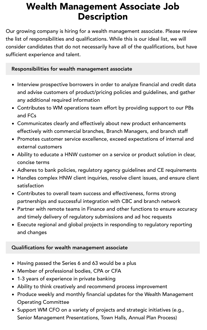 Wealth Management Associate Job Description Velvet Jobs