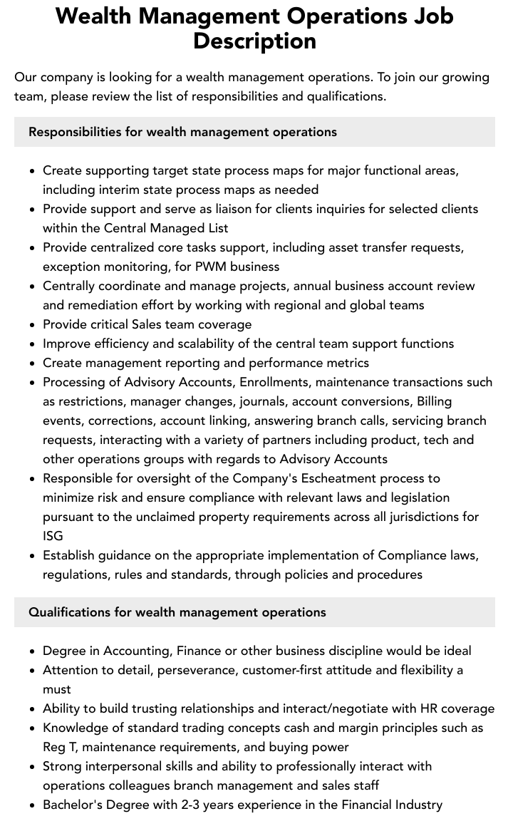 Wealth Management Operations Job Description Velvet Jobs
