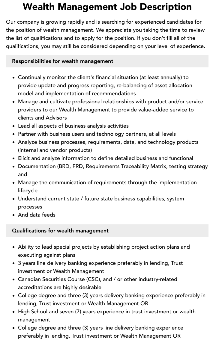 Wealth Management Job Description Velvet Jobs
