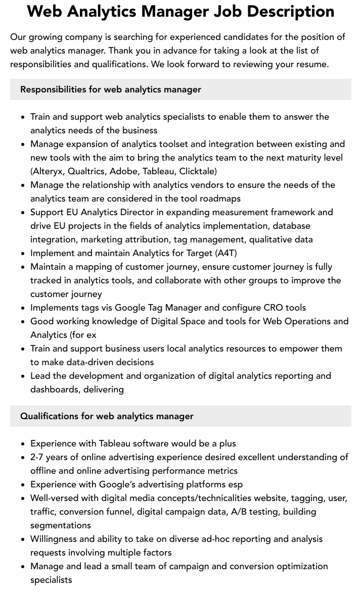 Analytics Manager Job Description Velvet Jobs Analytics Manager Job Description Velvet Jobs