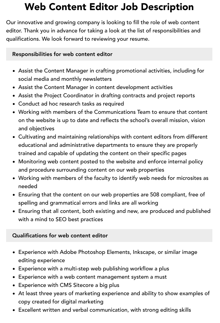 Content Editor Job Description Velvet Jobs Content Editor Job Description Velvet Jobs
