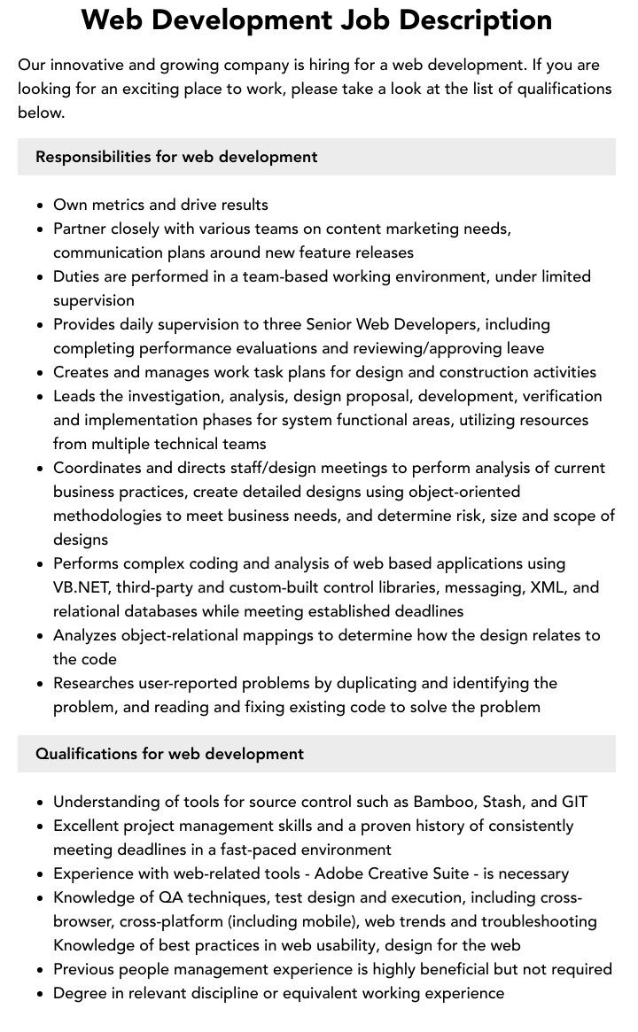 Web Development Job Description Velvet Jobs