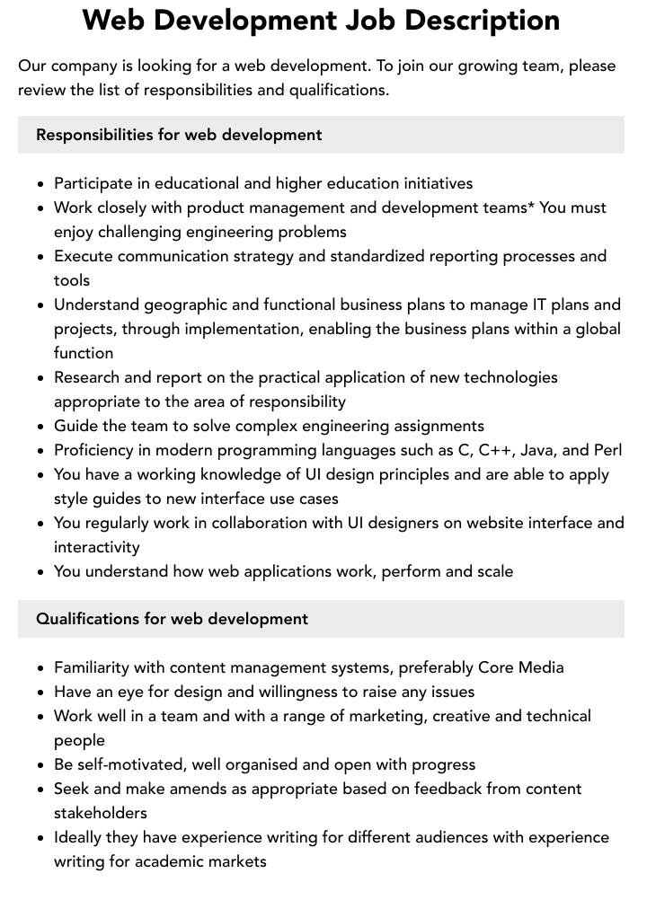 Web Development Job Description Velvet Jobs