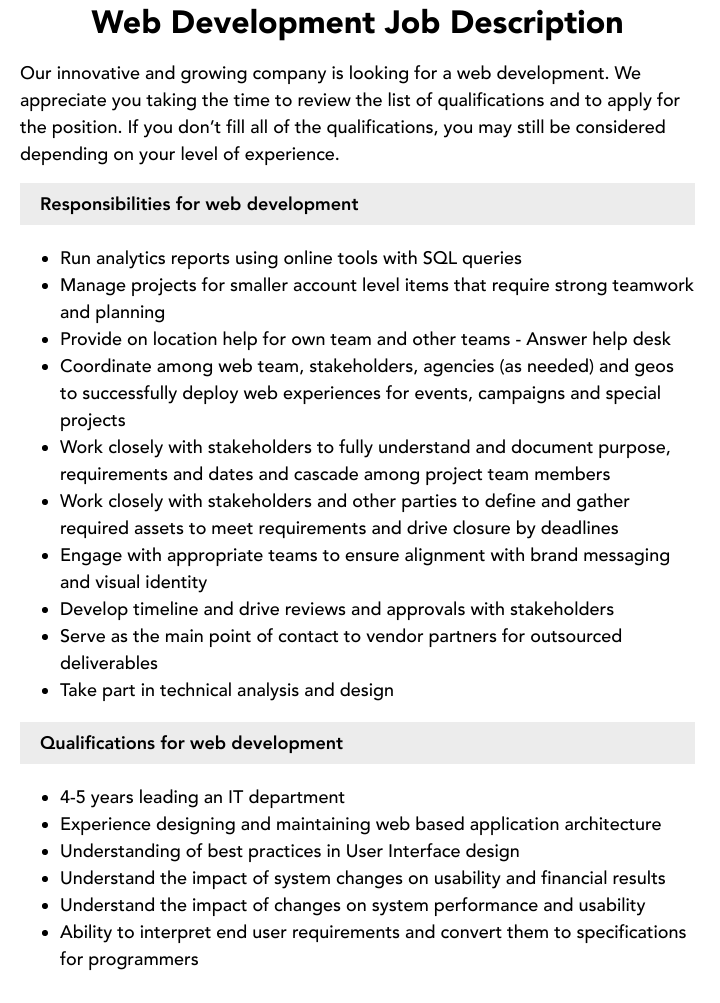 Web Development Job Description Velvet Jobs