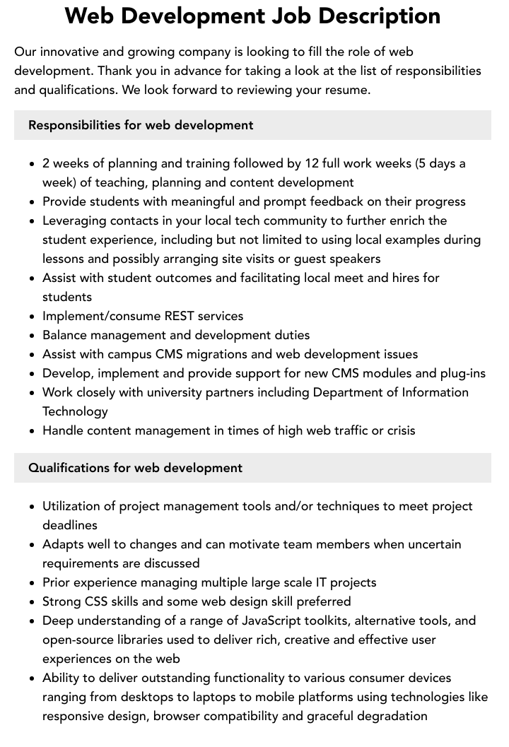 Web Development Job Description Velvet Jobs