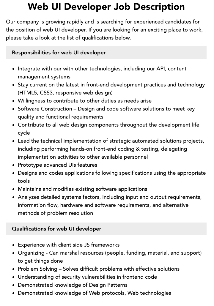 Web UI Developer Job Description Velvet Jobs