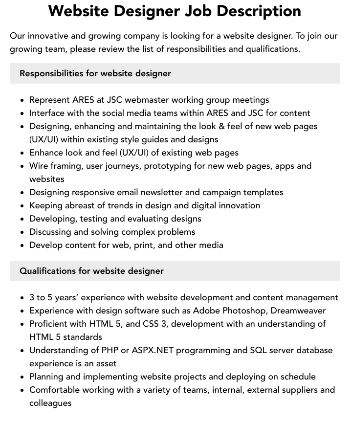 Website Designer Job Description Velvet Jobs
