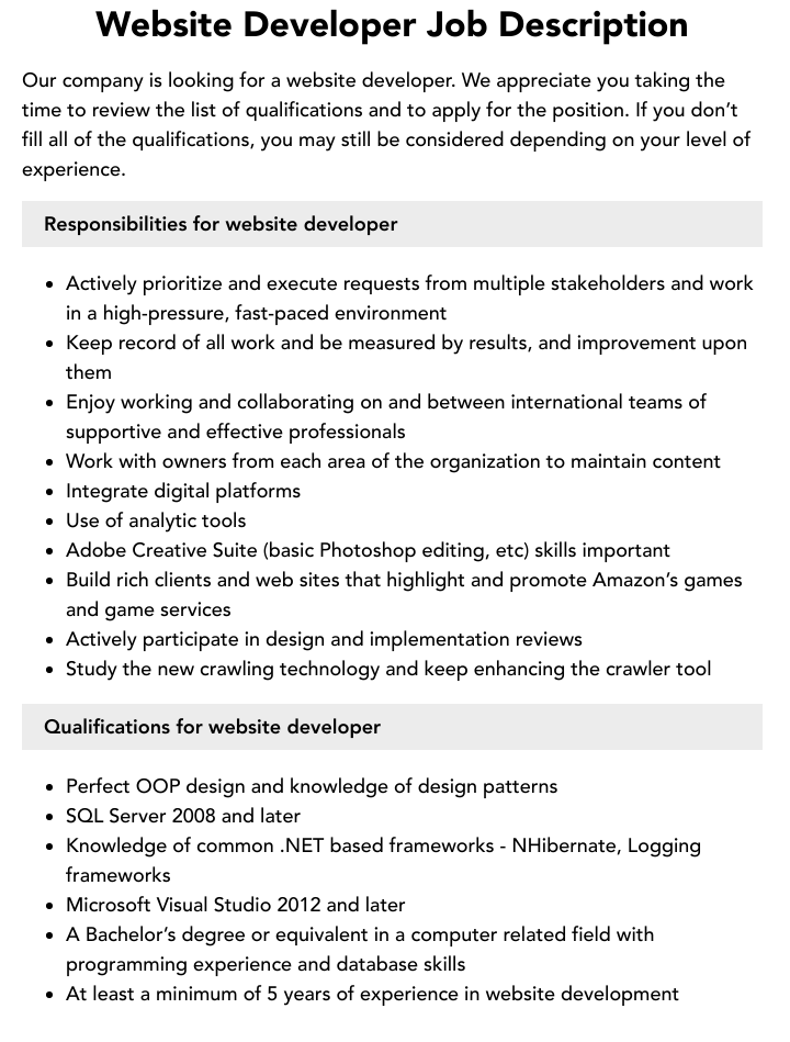 Website Developer Job Description Velvet Jobs