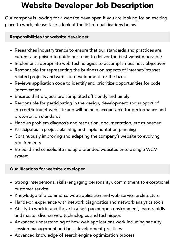 Website Developer Job Description Velvet Jobs