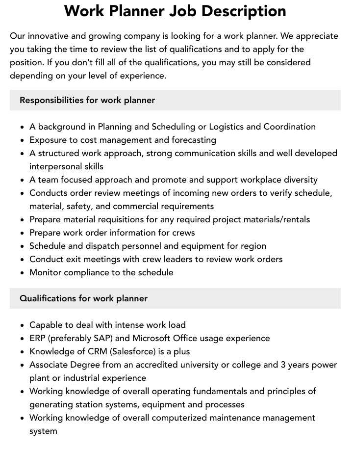 Work Planner Job Description Velvet Jobs Work Planner Job Description Velvet Jobs