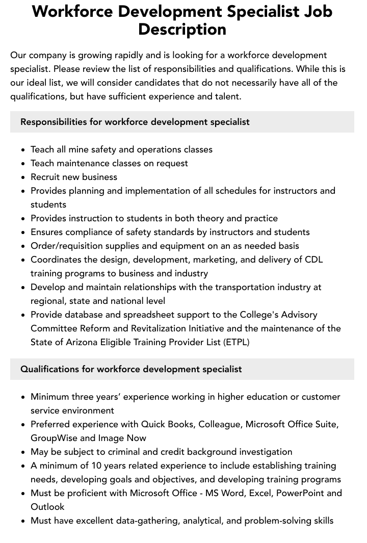 Workforce Development Specialist Job Description Velvet Jobs