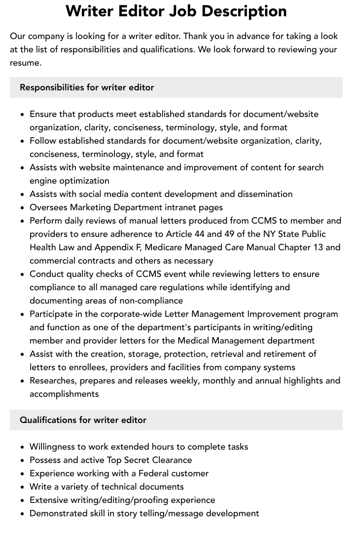 Writer Editor Job Description Velvet Jobs