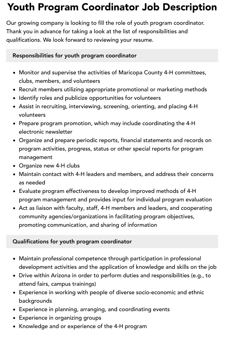 Youth Program Coordinator Job Description Velvet Jobs