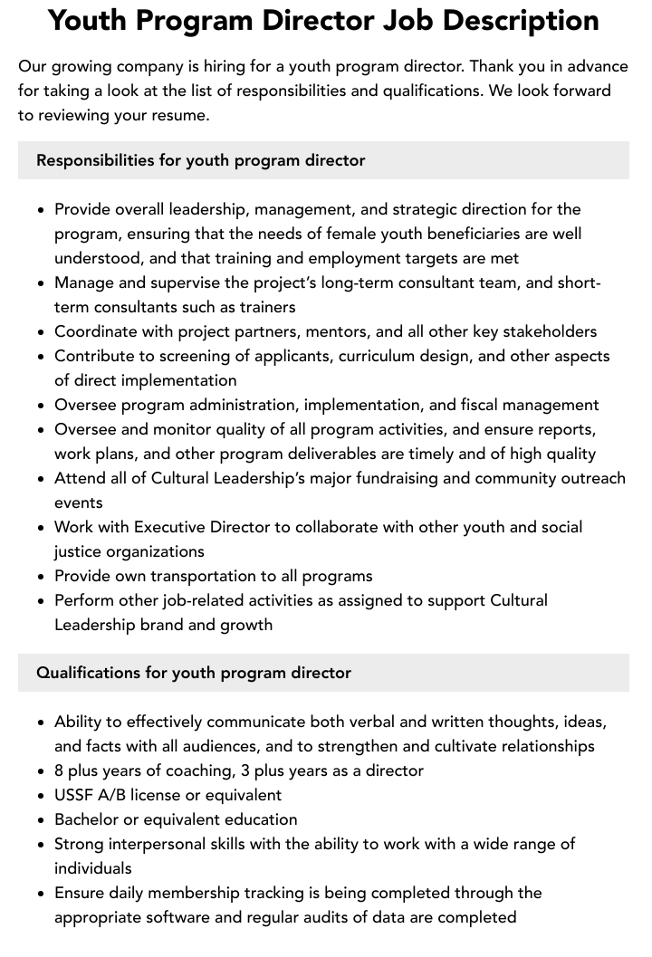 Youth Program Director Job Description Velvet Jobs