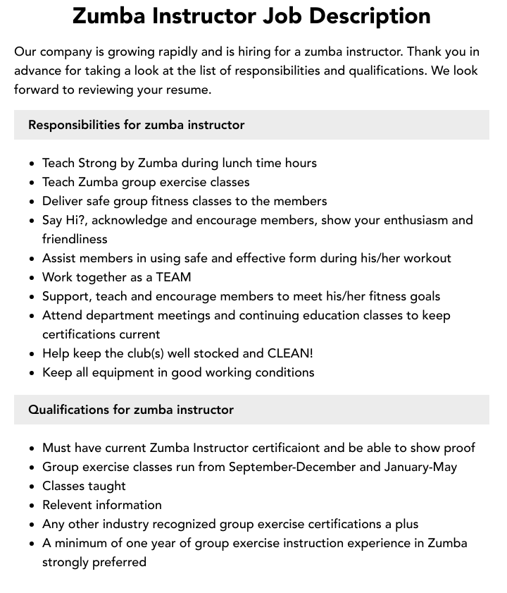 Zumba Instructor Job Description Velvet Jobs