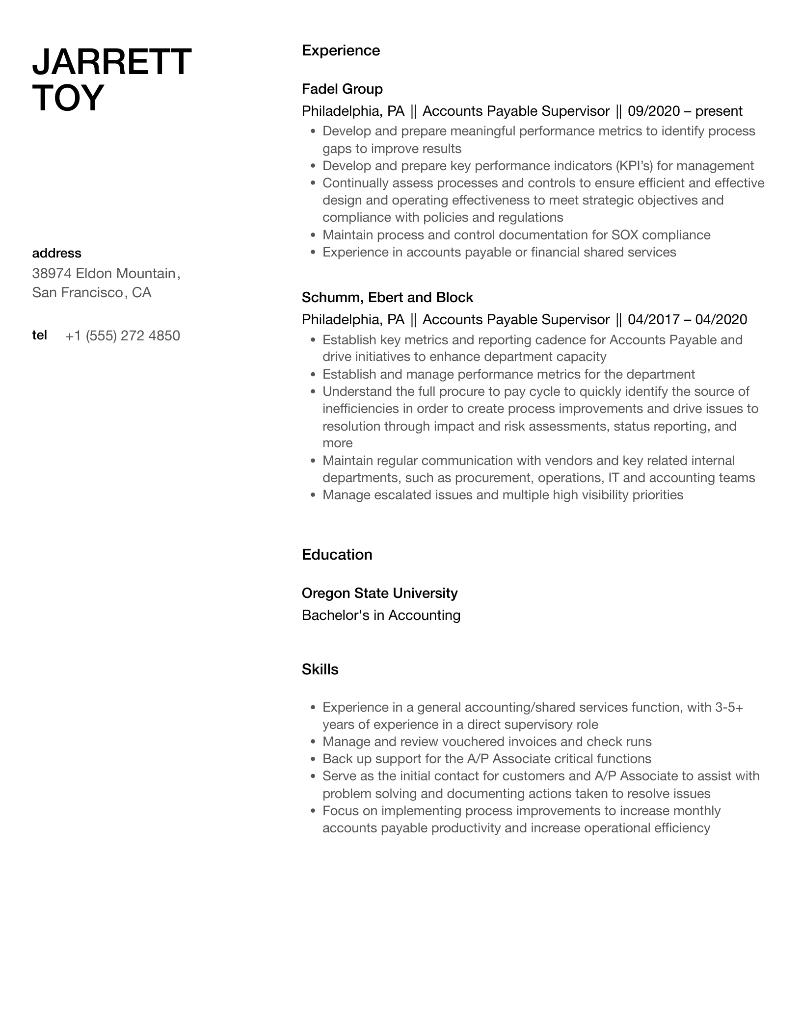 Accounts Payable Supervisor Resume Yafgca