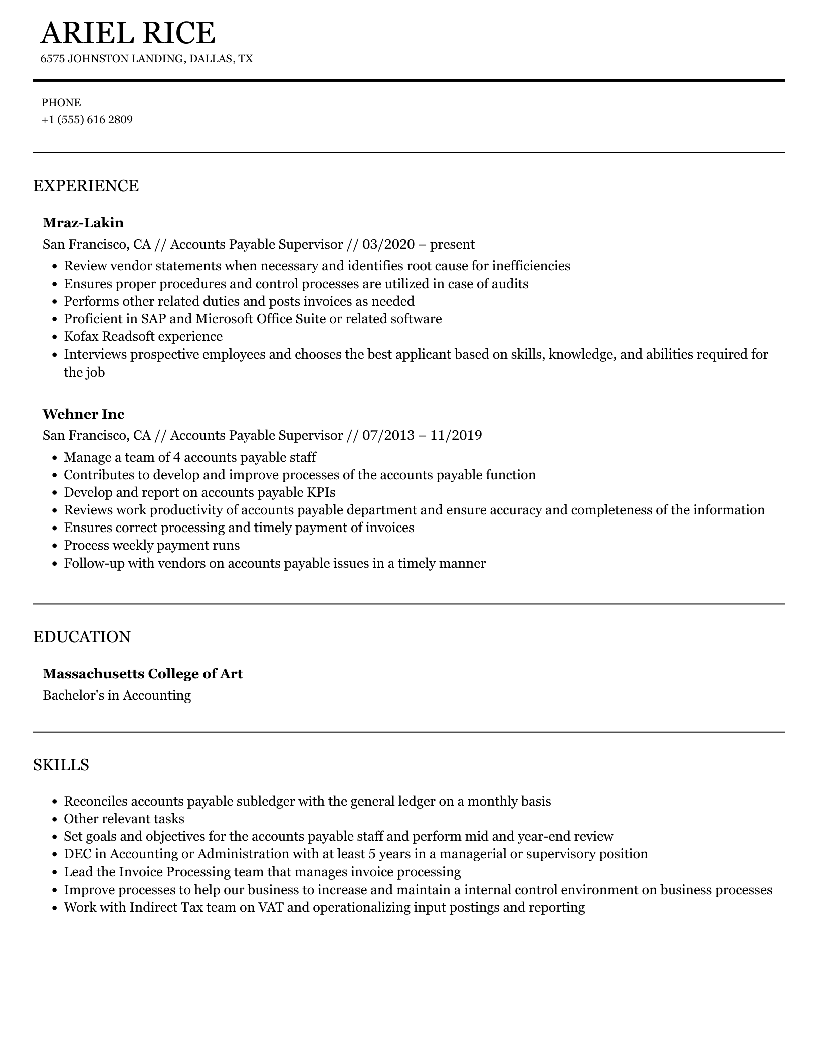 Accounts Payable Supervisor Resume