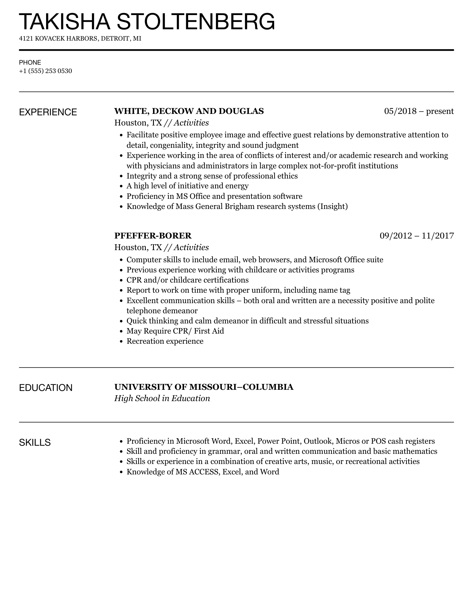 Activities Resume Activities Resume