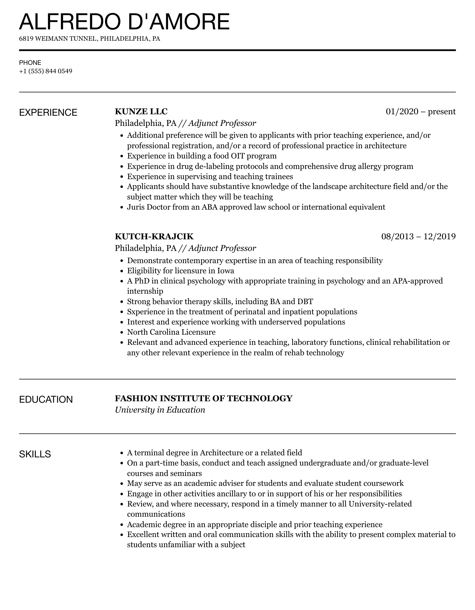 Adjunct Professor Resume Samples Velvet Jobs