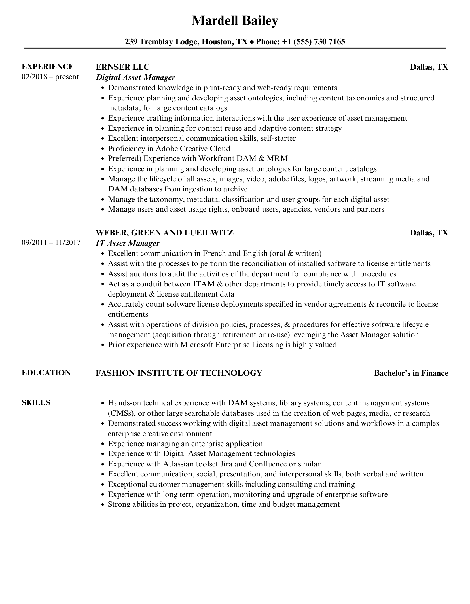 Asset Manager Resume Samples Velvet Jobs