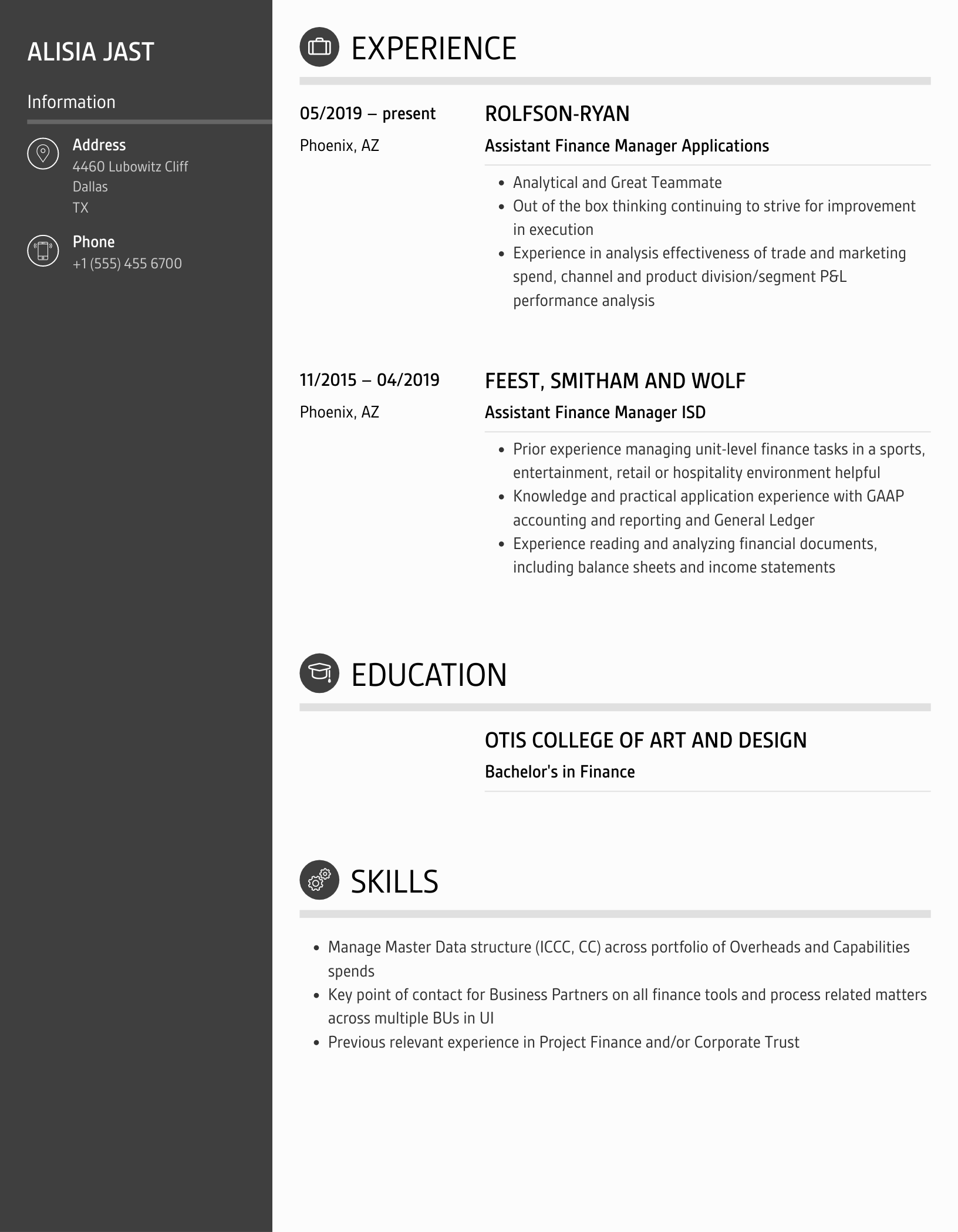 Assistant Finance Manager Resume Samples Velvet Jobs