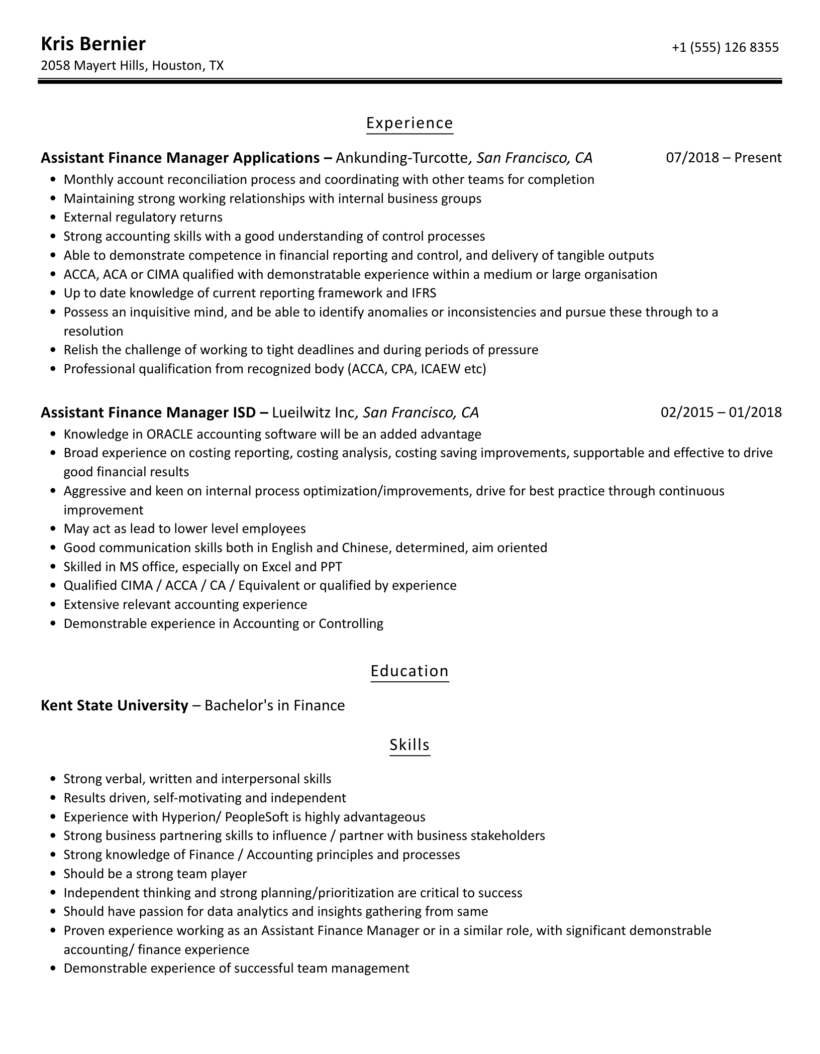 Assistant Finance Manager Resume Example 2022 Writing Tips Resumekraft 