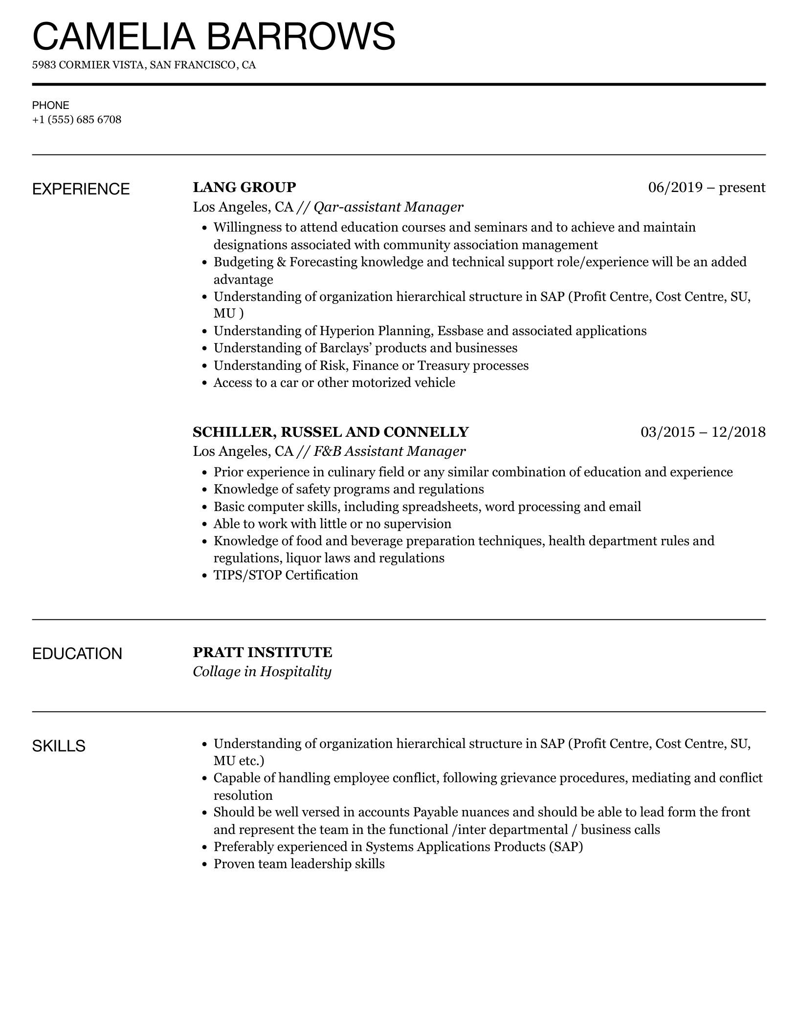 Assistant Manager Resume Samples Velvet Jobs