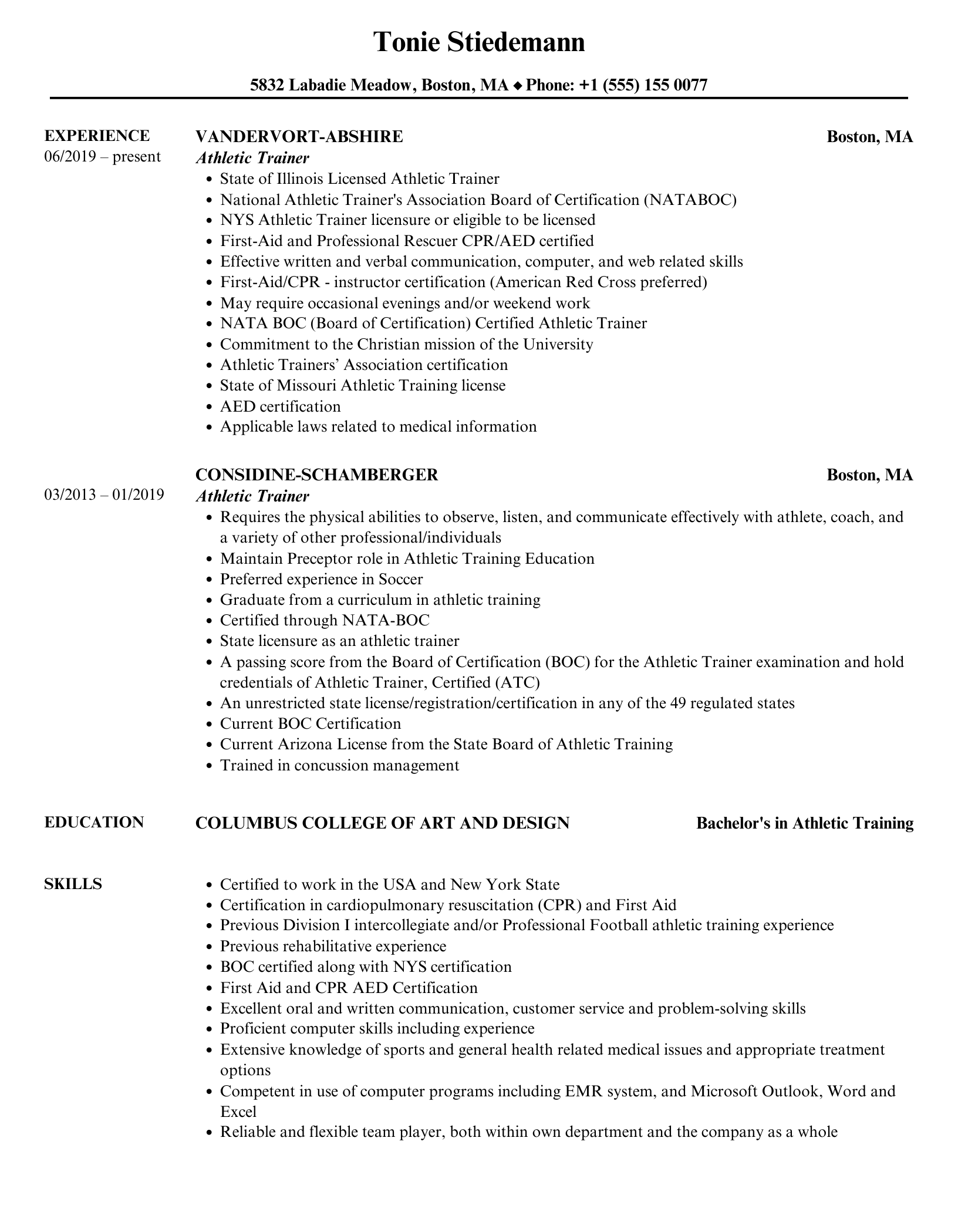 Athletic Trainer Resume